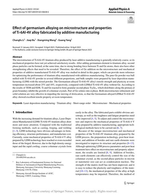 Effect Of Germanium Alloying On Microstructure And Properties Of Ti 6al 4v Alloy Fabricated By