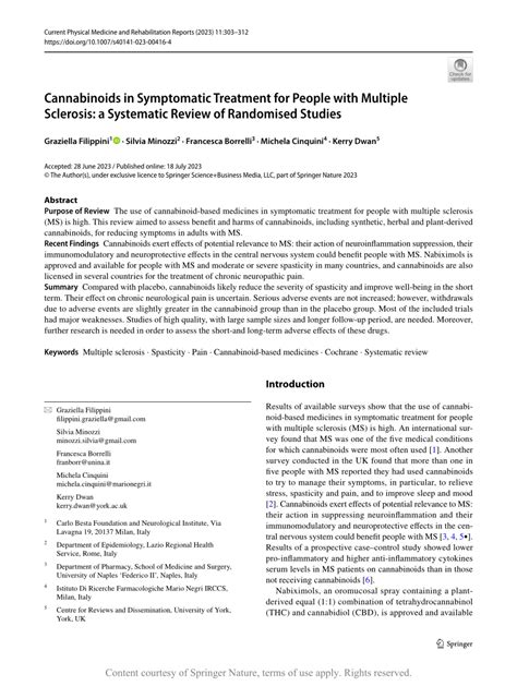 Cannabinoids In Symptomatic Treatment For People With Multiple Sclerosis A Systematic Review Of