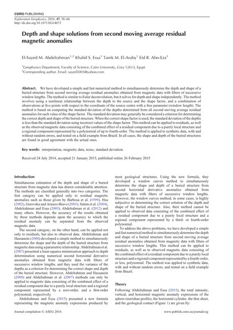 Pdf Depth And Shape Solutions From Second Moving Average Residual Magnetic Anomalies