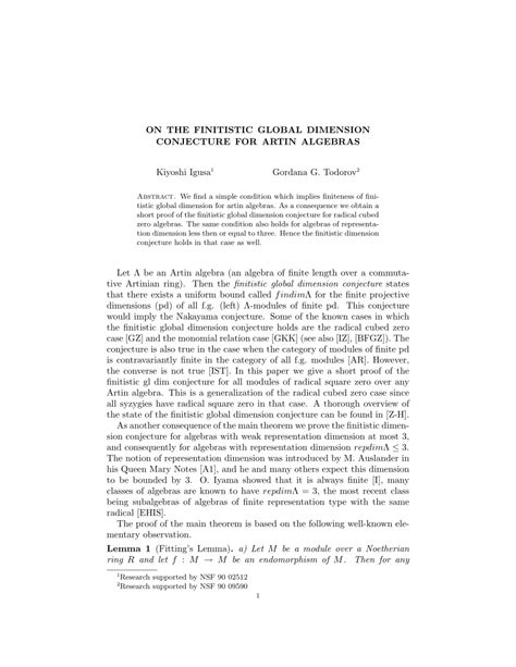 Pdf On The Finitistic Global Dimension Conjecture For Artin Algebras
