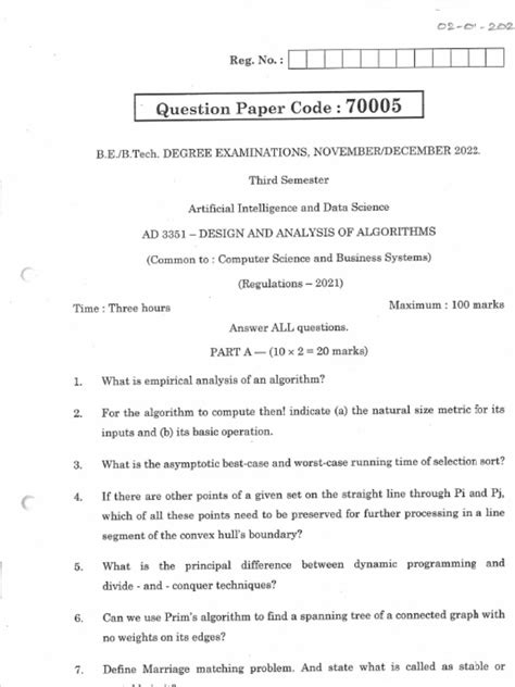 Design And Analysis Of Algorithms Ad3351 2021 Regulation Question Paper 2022 Nov Dec Pdf