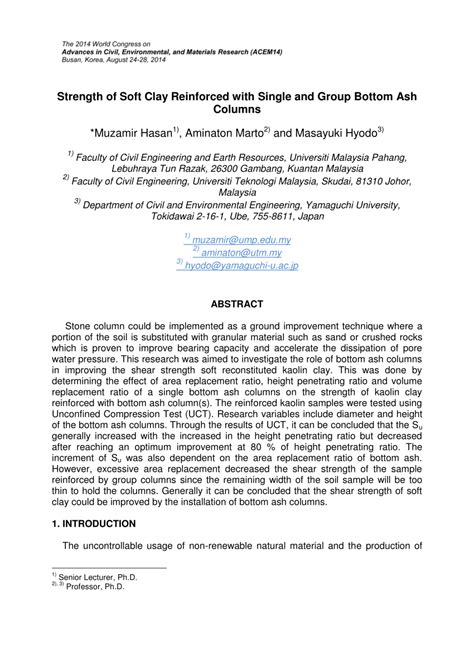 Pdf Strength Of Soft Clay Reinforced With Single And Group Bottom Ash