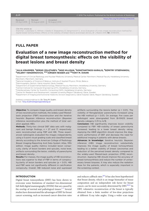 Pdf Evaluation Of A New Image Reconstruction Method For Digital Breast Tomosynthesis Effects