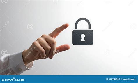 A Hand With Two Fingers Extended Reaches Toward A Padlock Symbol On A White Stock Image
