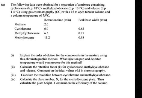 A The Following Data Were Obtained For A Separation Of A Mixture Containing Cyclohexane B P