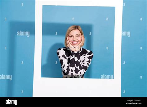 Photo Of Adorable Lovely Positive Lady Arms Touch Cheekbones Toothy