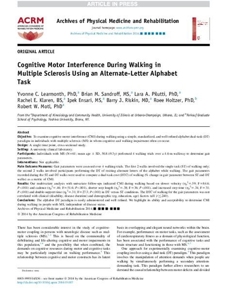 Pdf Cognitive Motor Interference During Walking In Multiple Sclerosis Using An Alternate