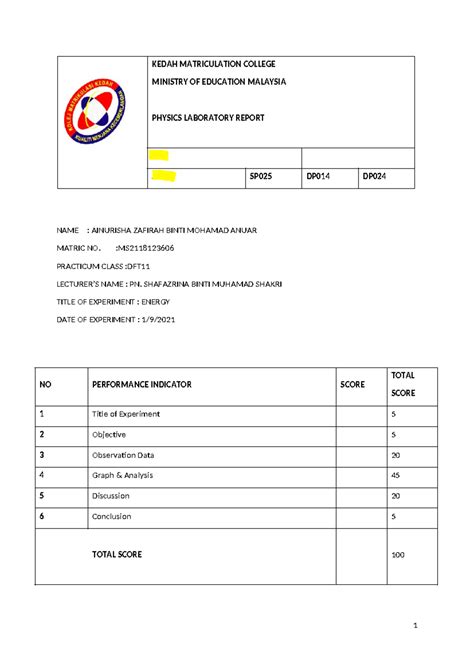Lab Report Physics Exp Energy Kedah Matriculation College Ministry Of Education Malaysia