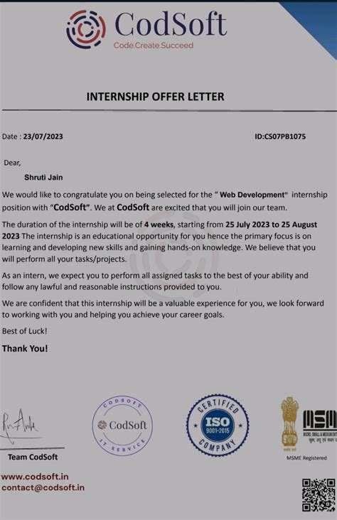 shruti jain on linkedin codsoft internship share thankyou