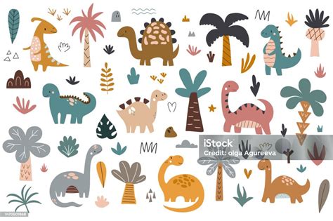 귀여운 공룡과 열대 식물의 집합입니다 디자인을 위해 흰색 배경에 격리된 벡터 그림 공룡에 대한 스톡 벡터 아트 및 기타 이미지
