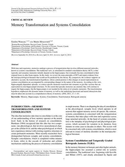 Pdf Memory Transformation And Systems Consolidation