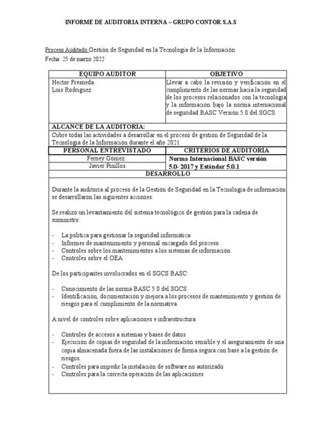 Informe De Auditoría Pdf Auditoría La Seguridad Informática