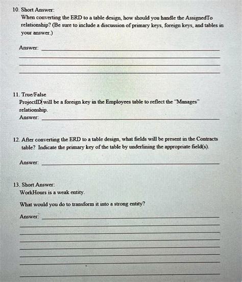 10 Short Answer When Converting The Erd To A Table Design How Should You Handle The