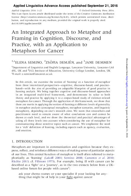 Pdf An Integrated Approach To Metaphor And Framing In Cognition