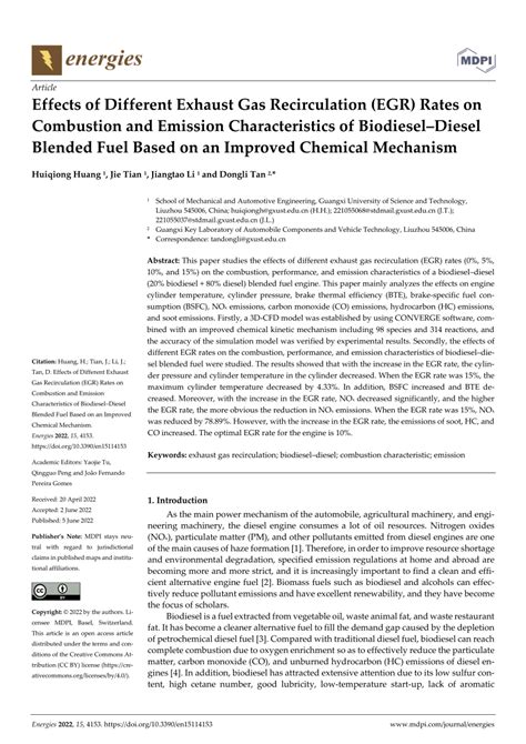 Pdf Effects Of Different Exhaust Gas Recirculation Egr Rates On Combustion And Emission
