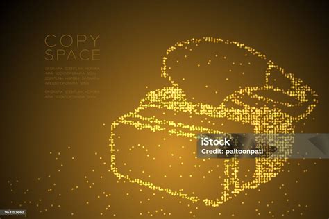 추상 기 원형 도트 픽셀 패턴 Vr 헤드셋 모양 디자인 골드 컬러 그림 복사 공간 벡터 Eps 10 갈색 그라데이션 배경에 고립 그라데이션에 대한 스톡 벡터 아트 및 기타