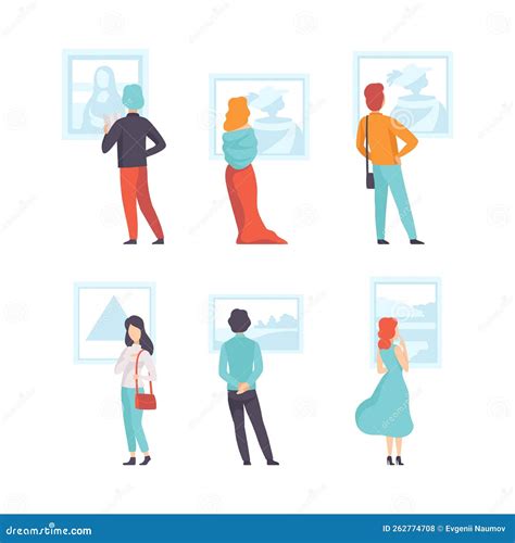 People Visitors Of Classic Art Gallery Viewing Masterpieces At Museum Vector Set Stock Vector