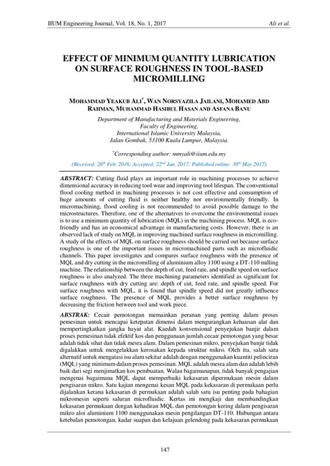 Pdf Effect Of Minimum Quantity Lubrication On Surface Roughness In Tool Based Micromilling