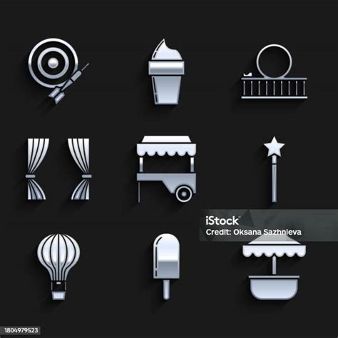 천막 아이스크림 어트랙션 회전 목마 마술 지팡이 열기구 커튼 롤러 코스터 및 클래식 다트 보드 화살표 아이콘과 패스트 스트리트 푸드 카트를 설정합니다 벡터 거리에 대한 스톡