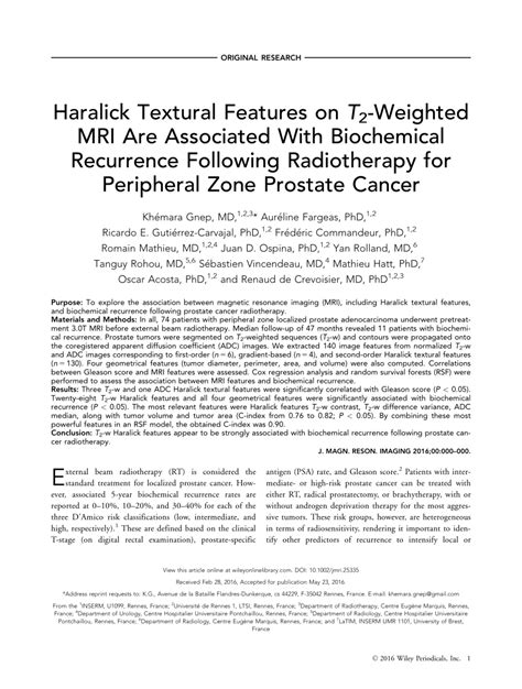 Pdf Haralick Textural Features On T2 Weighted Mri Are Associated With Biochemical Recurrence