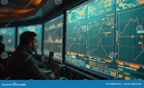 Analyst Observing Data Trends On Multiple Screens In A Control Room Stock Illustration