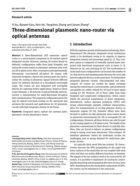 Pdf Three Dimensional Plasmonic Nano Router Via Optical Antennas