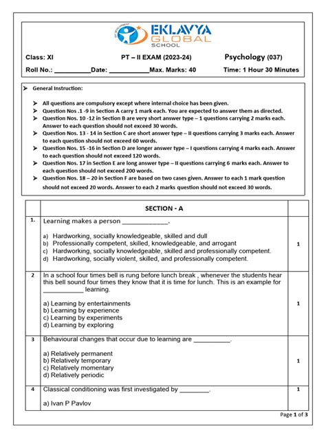Pt Ii Psychology Xi Paper Format Revised Pdf Memory Recall Memory