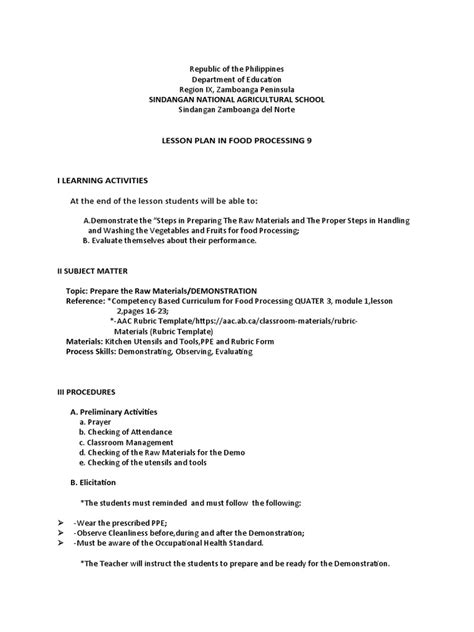 Lesson Plan In Food Processing Demonstration Deelesson 2 Pdf Teachers Rubric Academic
