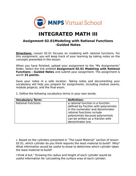 0201 Modeling With Rational Functions Guided Notes Integrated Math