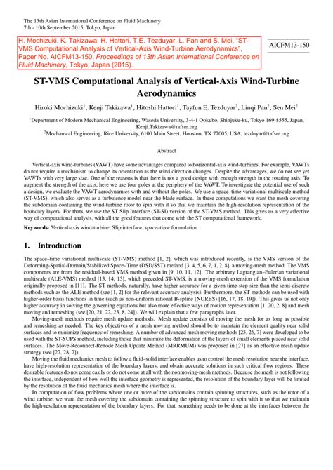 Pdf St Vms Computational Analysis Of Vertical Axis Wind Turbine Aerodynamics