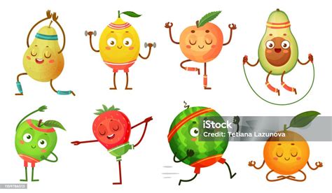과일 문자 요가 피트니스 운동 포즈 웰빙 음식과 재미있는 스포츠 과일 만화 벡터 일러스트 세트의 과일 과일에 대한 스톡 벡터 아트 및 기타 이미지 Istock