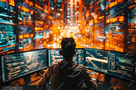 Premium Photo Tech Developer Coding On Multiple Monitors
