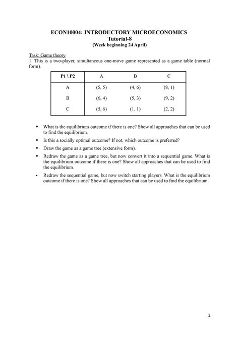 Week 8 Tutorial Questions Econ10004 Introductory Microeconomics Tutorial Week Beginning