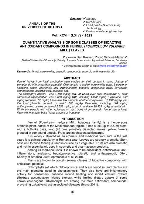 Pdf Quantitative Analysis Of Some Classes Of Bioactive Antioxidant Compounds In Fennel