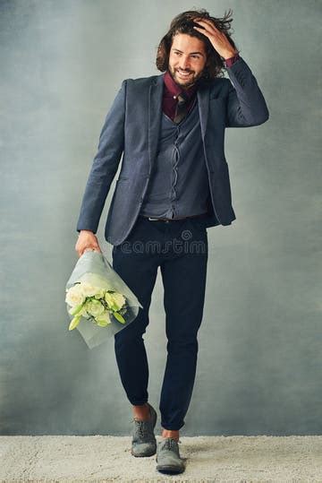 Thinking Fashion And Man With Flowers Smile Or Optimistic On Grey