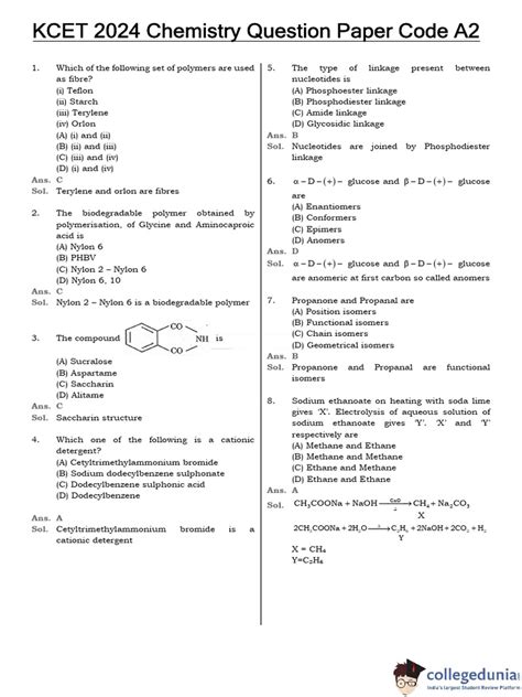 Kcet 2024 Chemistry Question Paper Code A2 Pdf Chlorine Amine