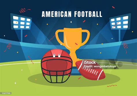 게임을 가진 미식 축구 스포츠 선수는 타원형 모양의 공을 사용하고 필드 손으로 그린 만화 플랫 일러스트레이션에서 갈색입니다