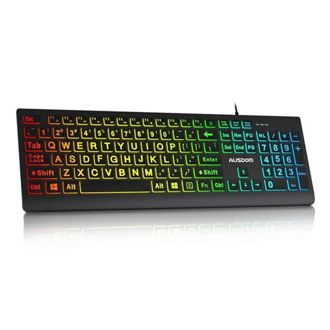 Ausdom Wired Usb Keyboard Full Size Quiet Oversize Letters Backlit Black