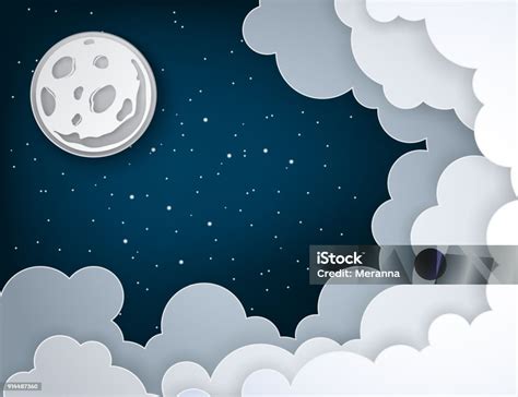 종이 아트 풀 문 광선 솜 털 구름와 한밤중에 별 현대 3d 종이 접기 종이 아트 스타일 벡터 일러스트 레이 션 어두운 밤 하늘