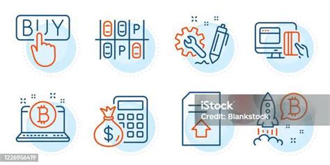 온라인 결제 파일 구매 및 업로드 아이콘 세트 엔지니어링 주차 장소 및 비트 코인 표지판 벡터 공학에 대한 스톡 벡터 아트 및 기타 이미지 Istock