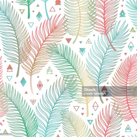 열 대 야자수 나무 잎 기하학적 모양 벡터 원활한 패턴입니다 삼각형 마름모꼴로 원과 야자수 잎 스케치 여름 꽃 배경입니다 열 대 식물 벽지 깃털에 대한 스톡 벡터 아트 및