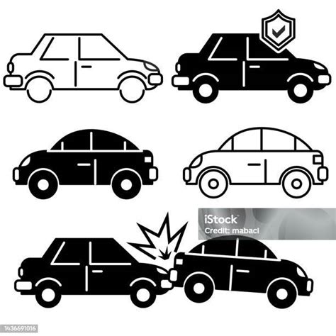 자동차 실루엣과 라인 아이콘은 흰색 배경에 설정됩니다 차량 벡터 아이콘 세트 측면 및 정면에서보기 자동차 사고에 대한 스톡 벡터