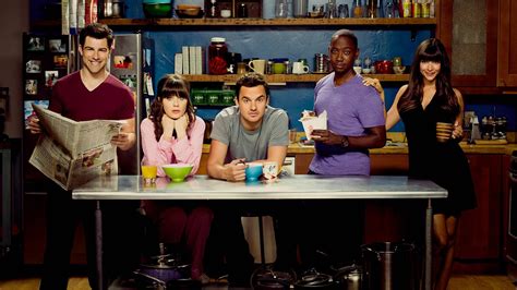 Download Sitcom New Girls Cast Behind Apartments Kitchen Wallpaper