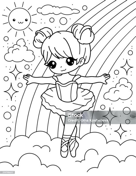 귀여운 발레리나가 무지개가 있는 구름 위에서 춤을 추고 있습니다 발레리나와 함께하는 색칠 공부 책 춤 흑인과 백인 벡터 그림 공연에 대한 스톡 벡터 아트 및 기타 이미지