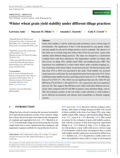 PDF Winter Wheat Grain Yield Stability Under Different Tillage Practices