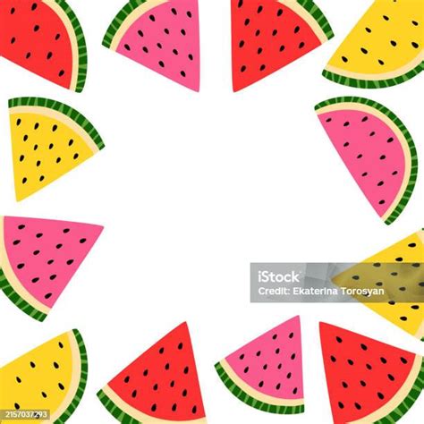 수박 조각이 있는 여름 사각형 프레임입니다 귀여운 화려한 과일 배경입니다 Vector Empty Template With Space For Text 건강한 생활방식에 대한