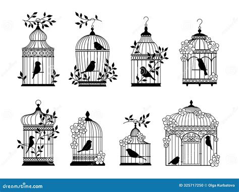 Vintage Cages And Decorative Birds Dark Silhouettes Of Parrots And