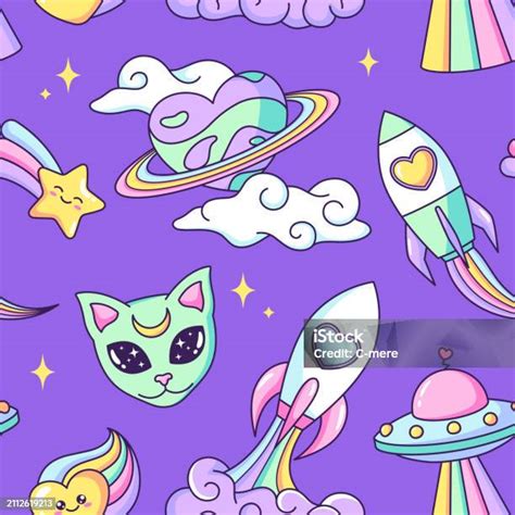 공간 물체 모양 모양 심장 완벽 한 패턴 배경 행성 Ufo 외계인 고양이 로켓 무지개 스타 만화 그림 벡터 일러스트 귀여운에 대한 스톡 벡터 아트 및 기타 이미지 Istock
