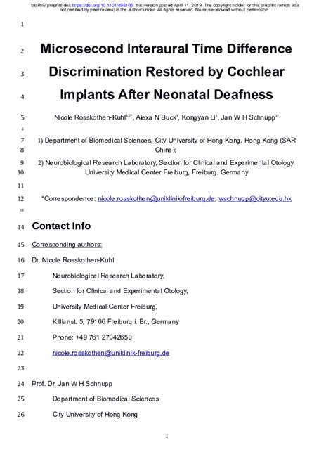 Pdf Microsecond Interaural Time Difference Discrimination Restored By Cochlear Implants After