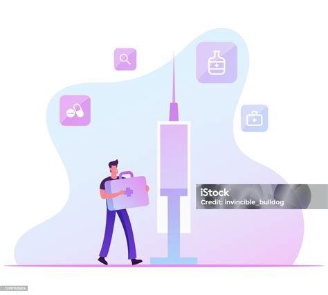 Hpv 인간 유두종 바이러스 감염 예방 접종 개념 남자는 거대한 주사기 근처 악기와 도구와 의료 상자를 수행 예방 조치 바이러스 예방 접종 만화 플랫 벡터 일러스트 백신